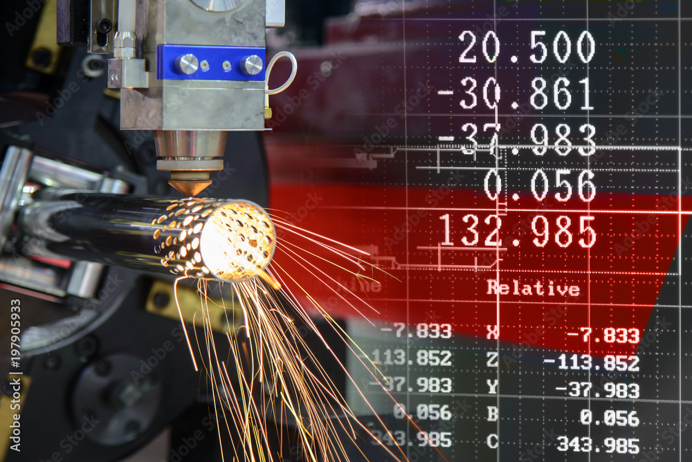 Abstract scene of CNC laser cut machine with the coordinate graphic ...