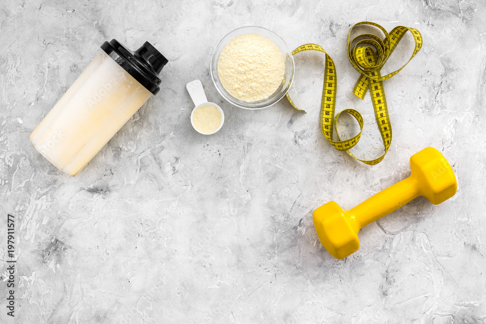 protein powder for fitness nutrition to start training and bars on gray ...