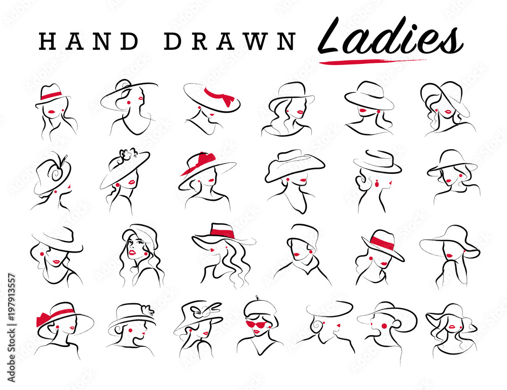 Vector artistic hand drawn stylish young lady portrait set isolated on ...