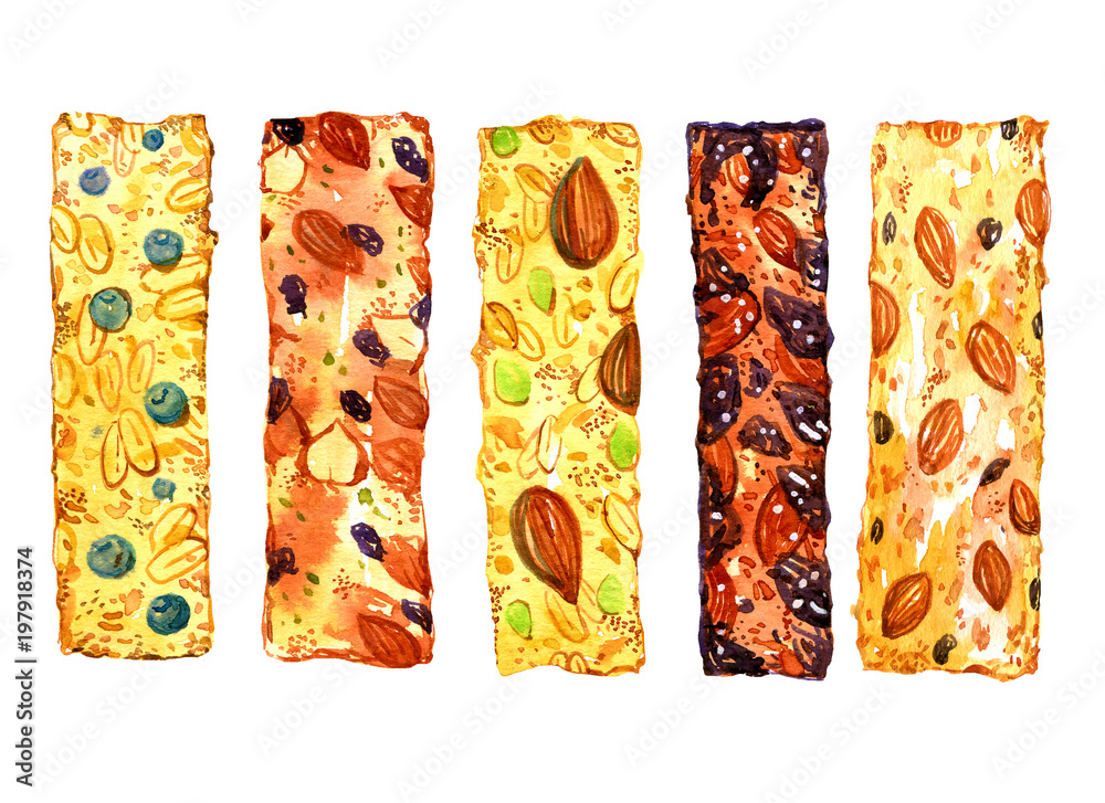 Granola and muesli bars with different nuts and fruits . Hand drawn ...