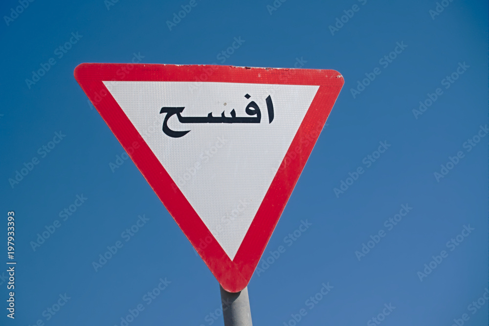 Road sign indicating give way, with international symbol and written in ...