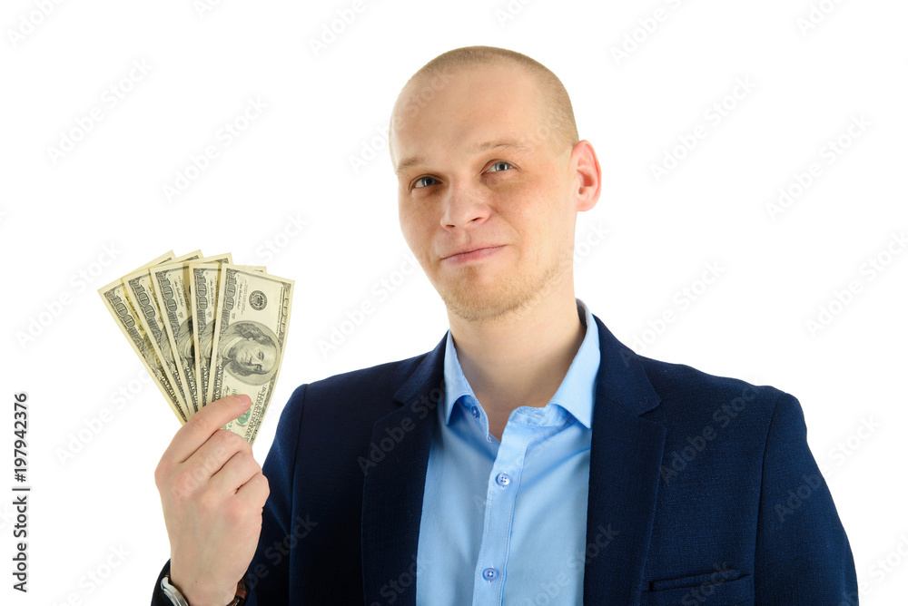 Thoughtful businessman in suit on white background holding cash ...