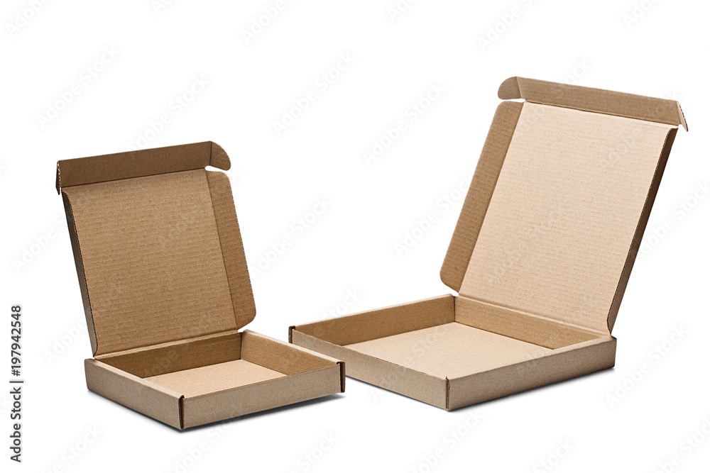 Two cardboard box on isolated white background. Parcel with empty space ...