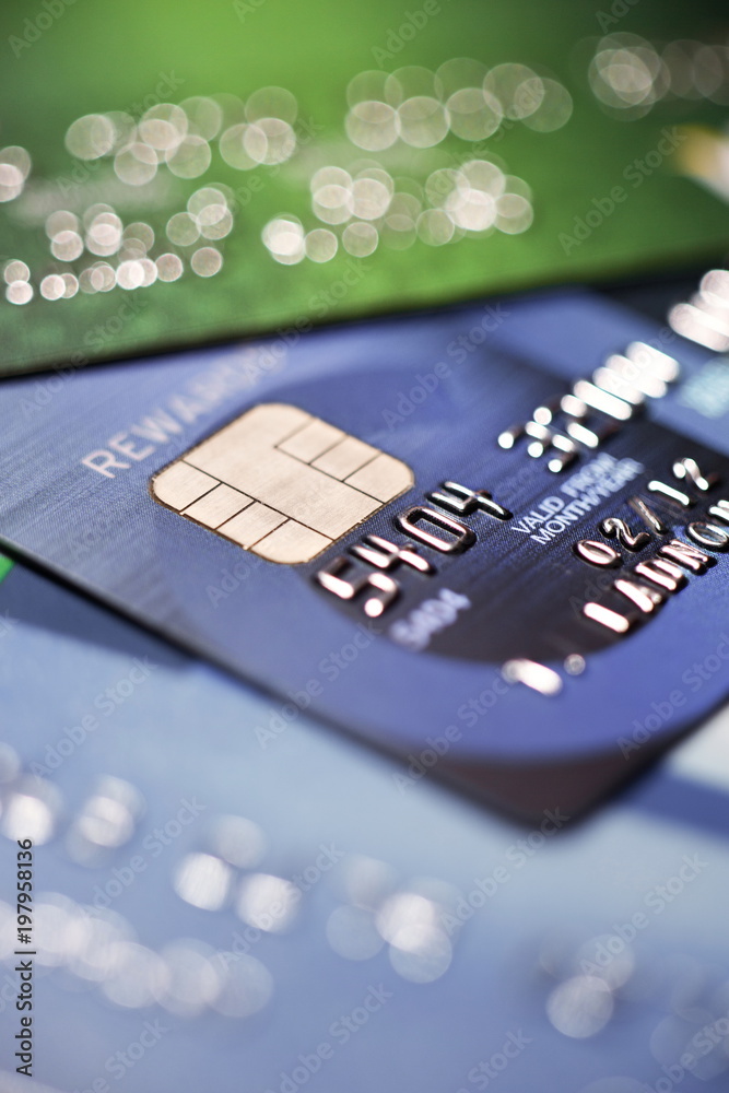 Selective focus microchip on Credit card or Debit card for background ...