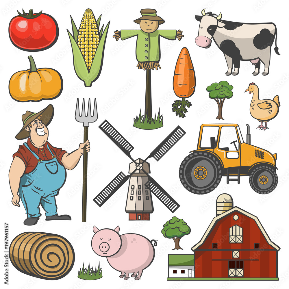 Farm decorative icon set with windmill cow pig and farmer cartoon ...