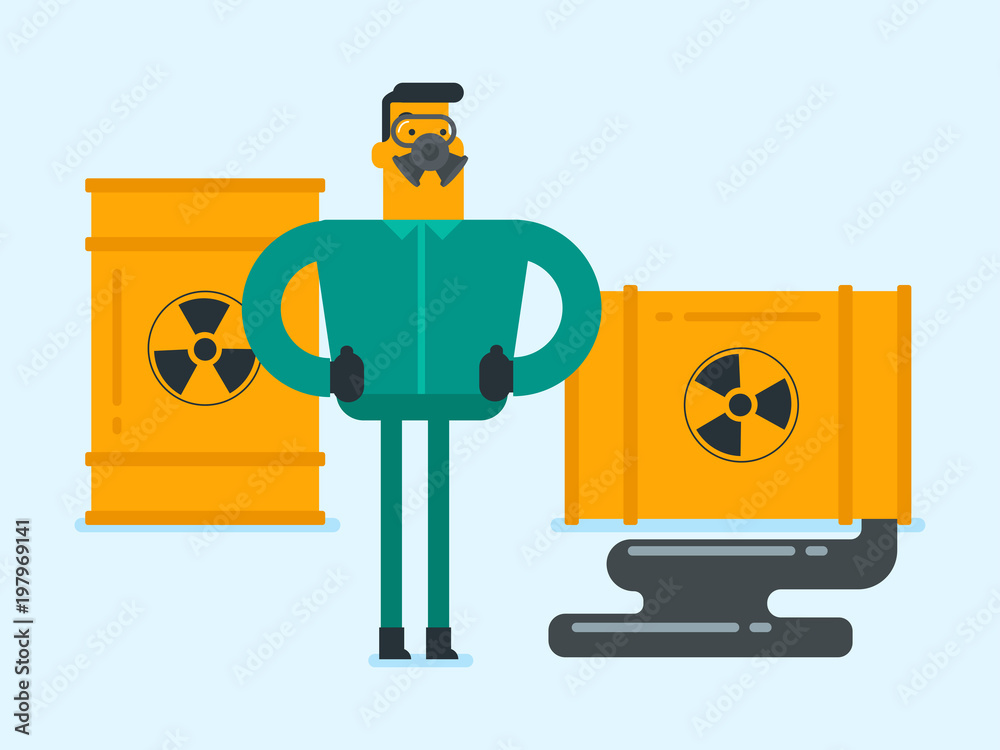 Caucasian white man in respirator and radiation protective suit ...
