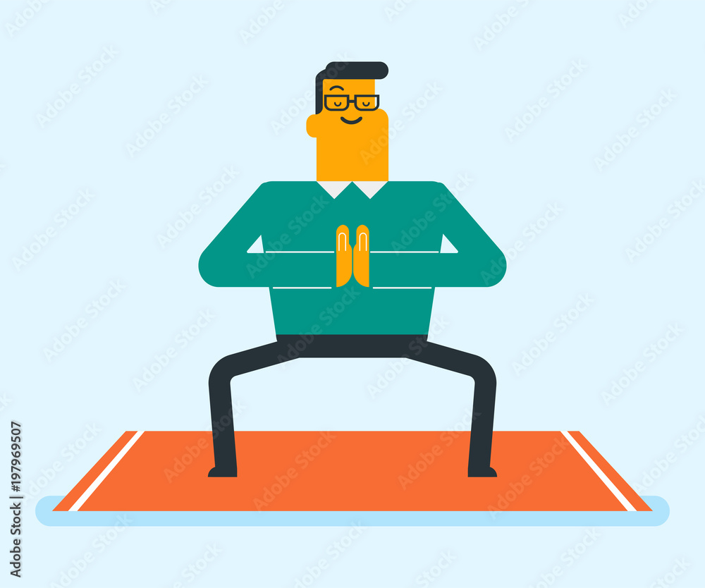 Happy caucasian white sportsman meditating in yoga goddess pose. Man ...