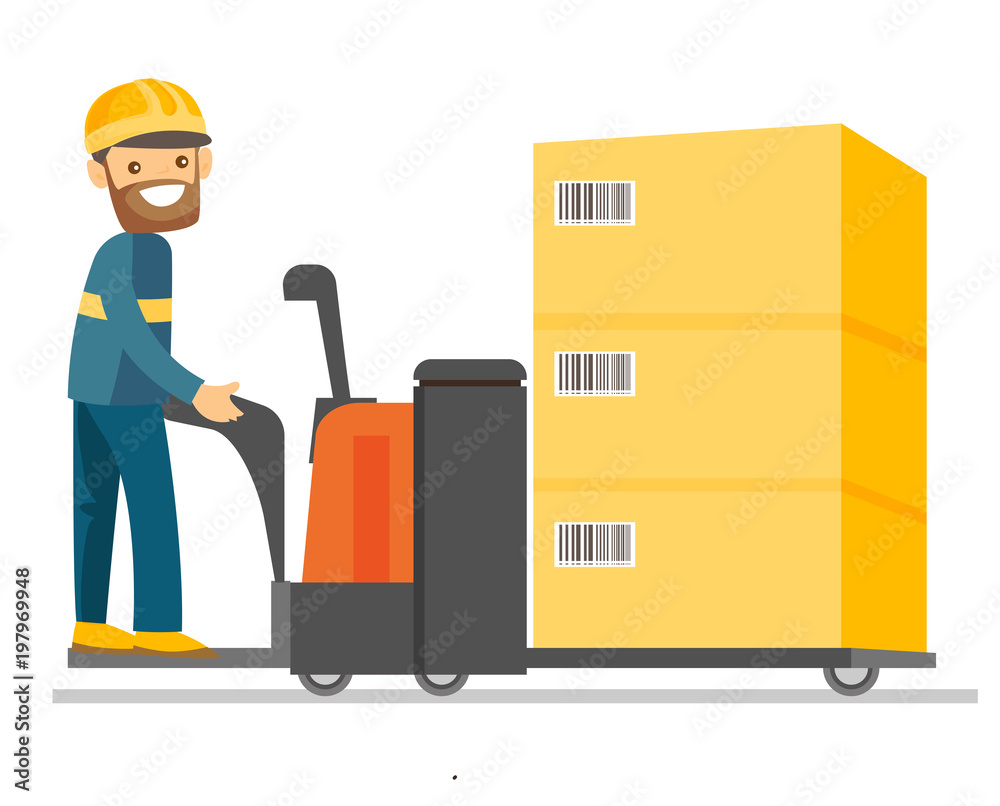 Young caucasian white warehouse worker in hard hat holding a cardboard ...