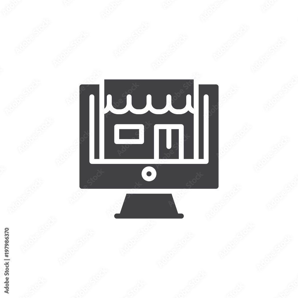 Store on computer desktop screen vector icon. filled flat sign for ...