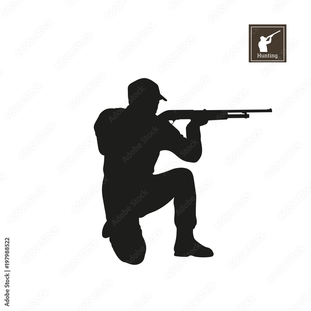 Black silhouette of hunter on white background. Icon of hunt man ...