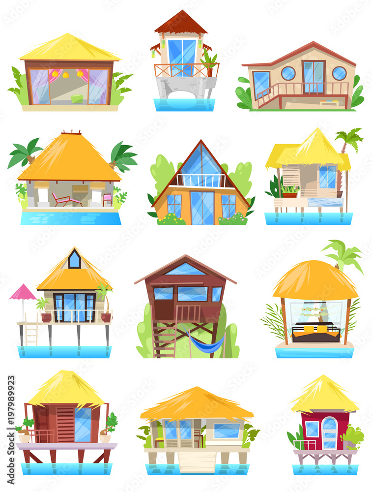 Villa vector tropical resort hotel on ocean beach or facade of house ...