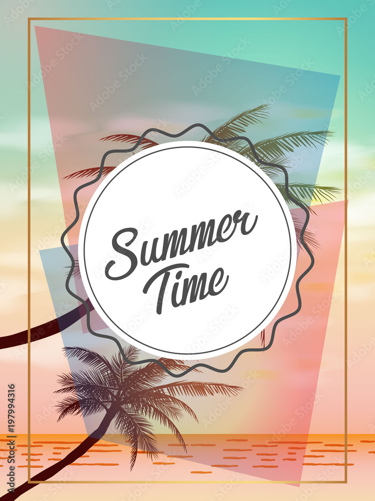 Summer tropical backgrounds with palms, sky and sunset. Summer poster ...