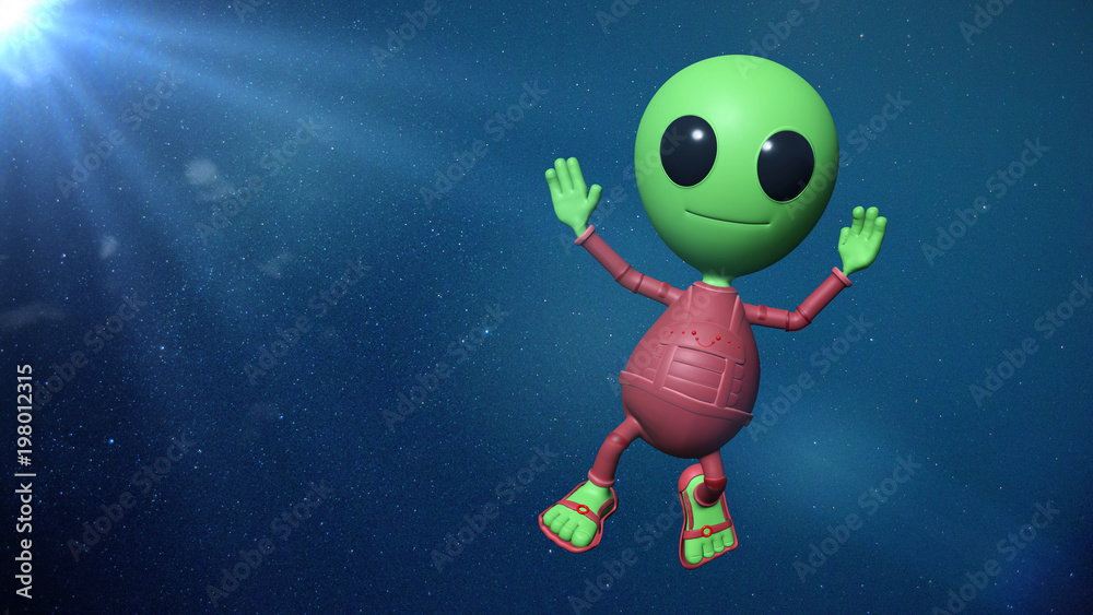 cute little alien cartoon character is waving his hand in empty space ...