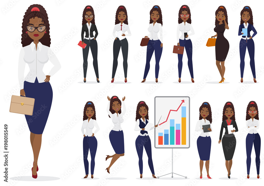 African american black businesswoman lady character different poses ...