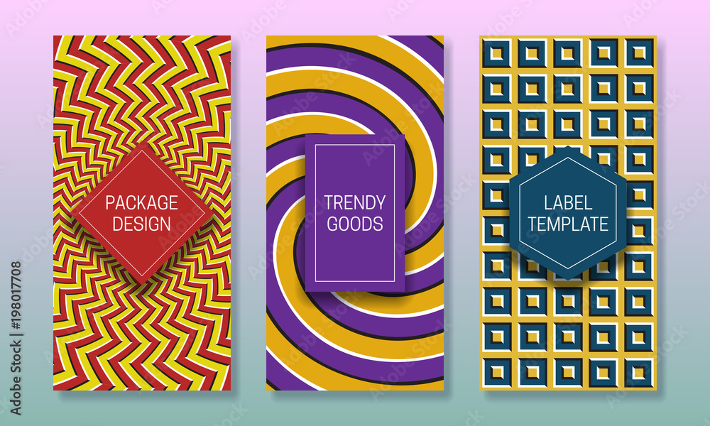 Optical illusion packaging design. Set of colorful labels templates for ...