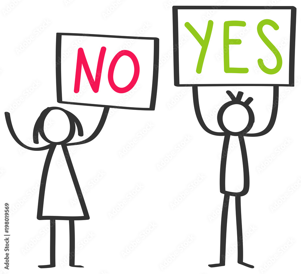 Two protesting stick figures, man and woman holding up boards saying ...