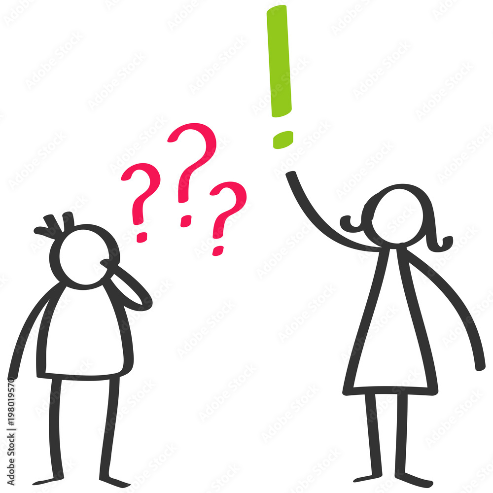 Vector stick figures, one stick man undecided with questions, one ...