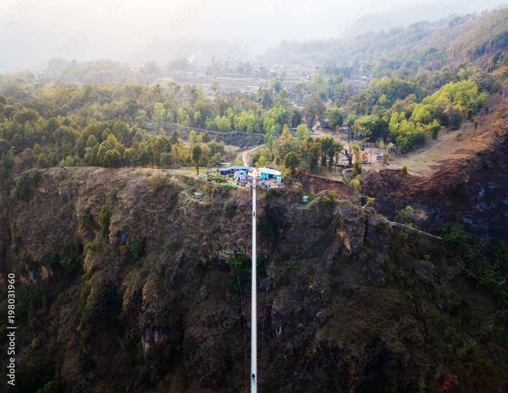 Drone view of the suspension bridge over the Kali Gandaki river between ...