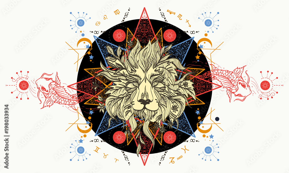 Lion and carps tattoo art, mystical geometric alchemy symbol. Alchemy ...