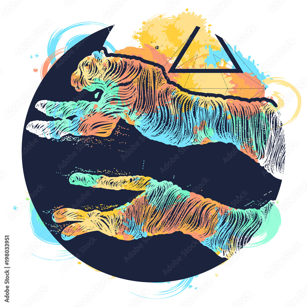 Running cheetah tcolor attoo, line art. Cheetah geometrical style t ...