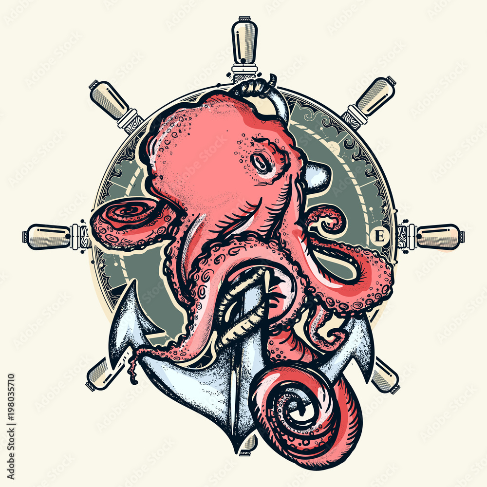 Octopus and anchor. Symbol of a sea adventure, ocean. Big octopus ...