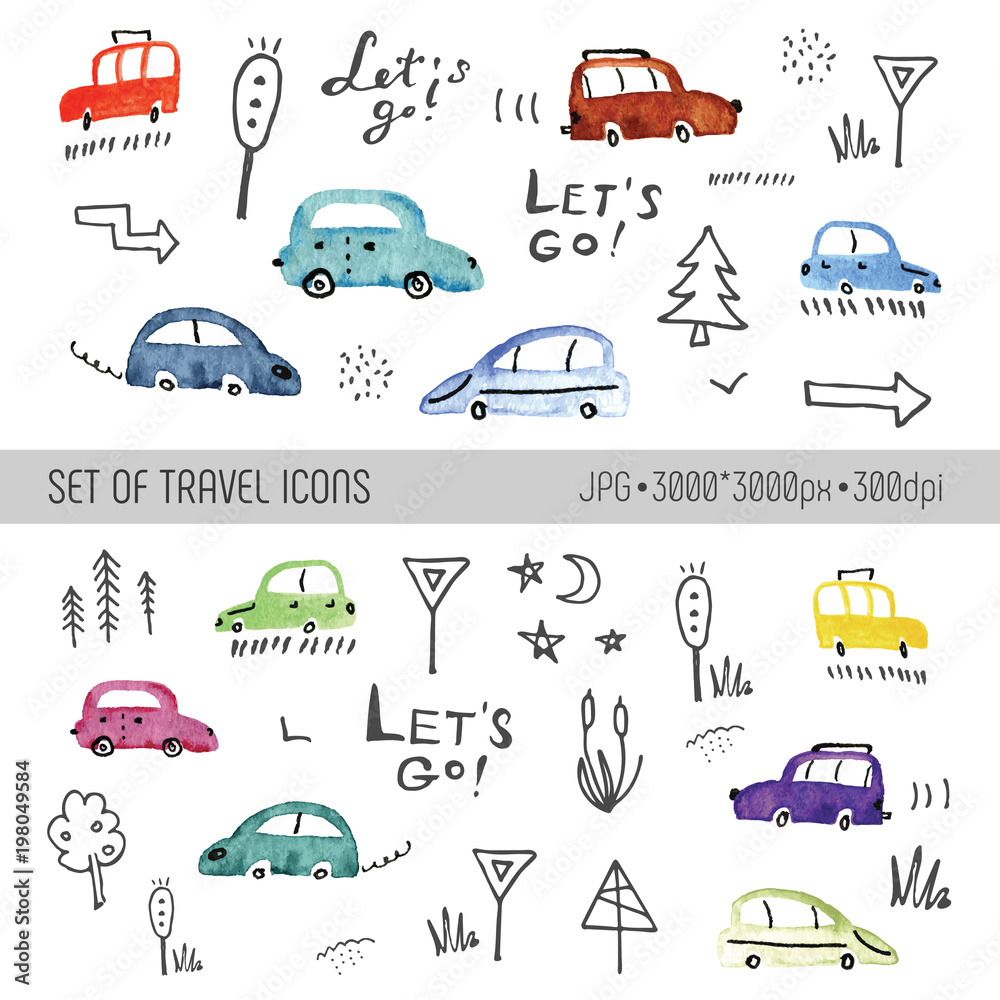 Cute icon set with small cars and road signs on white background Stock ...