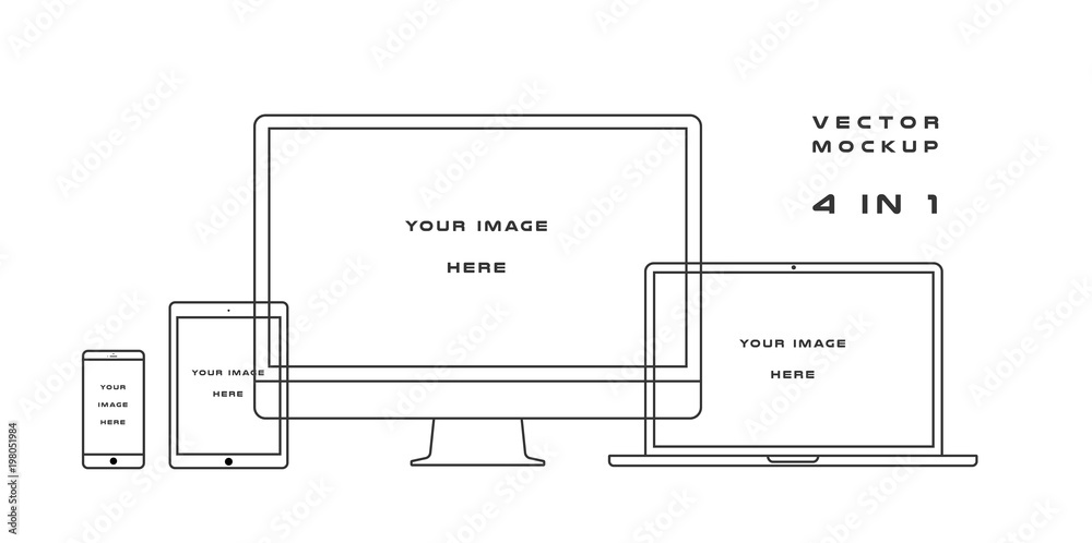 Outline computer monitor, laptop, tablet, smartphone isolated on white ...