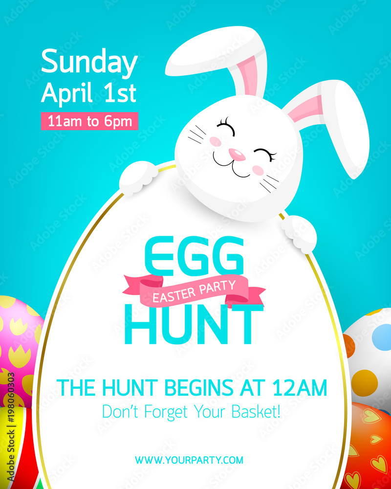 Party poster for Easter Egg Hunt with cute bunny. Cartoon holiday ...