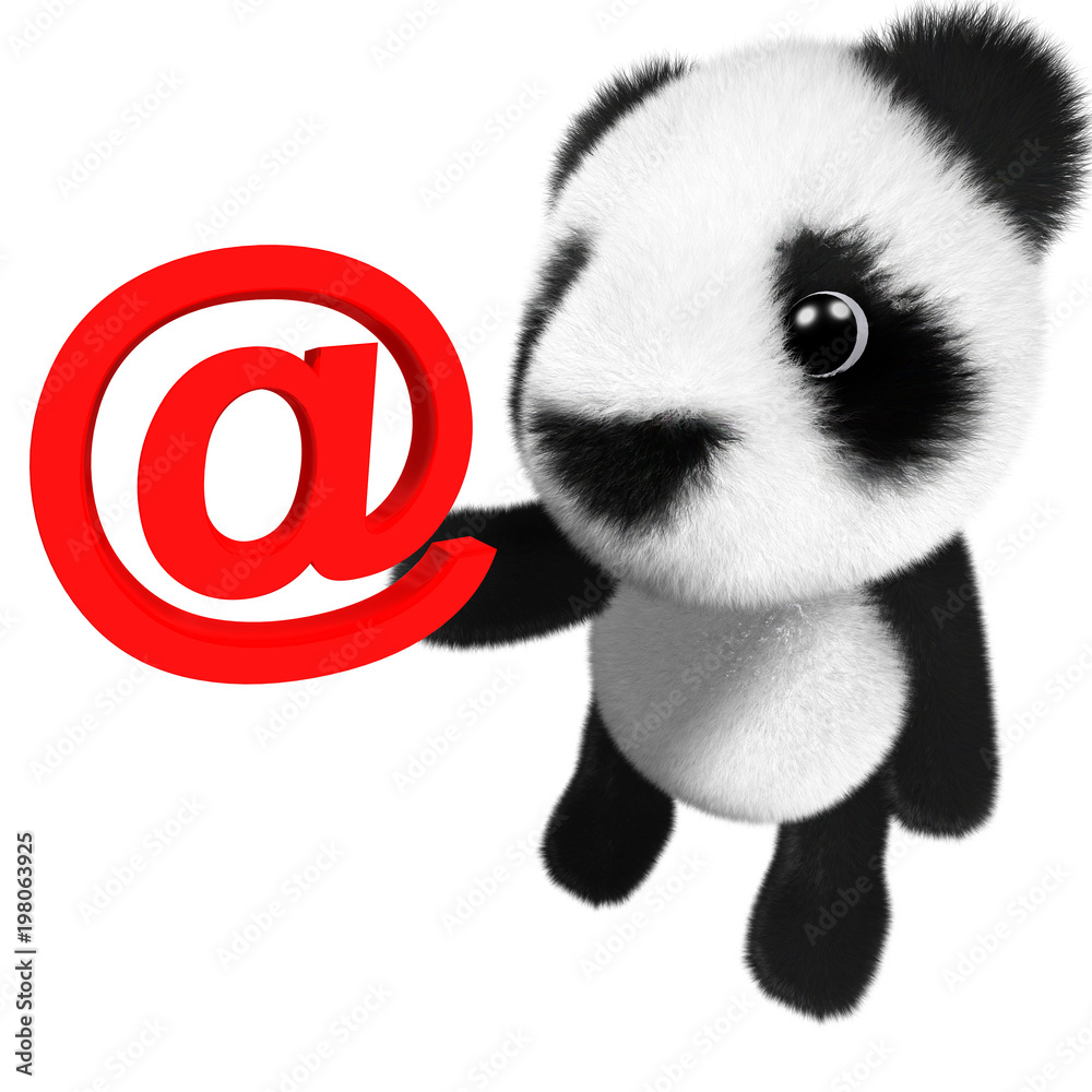 3d Funny cartoon baby panda bear character holding an email address ...