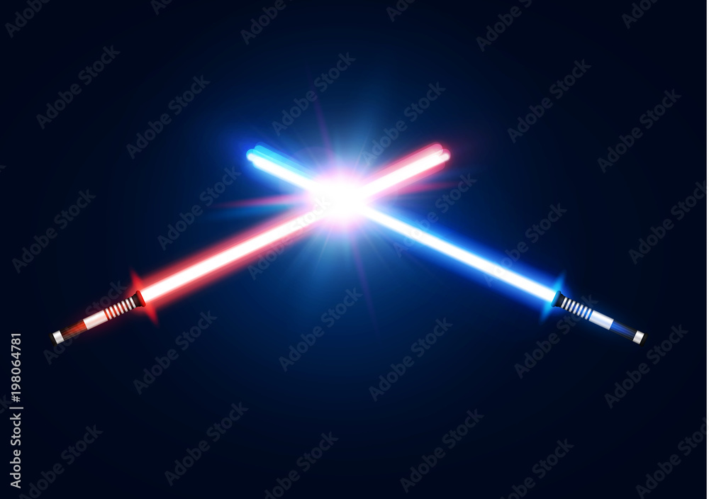 Red and blue crossed light neon swords with trembling blade fight ...