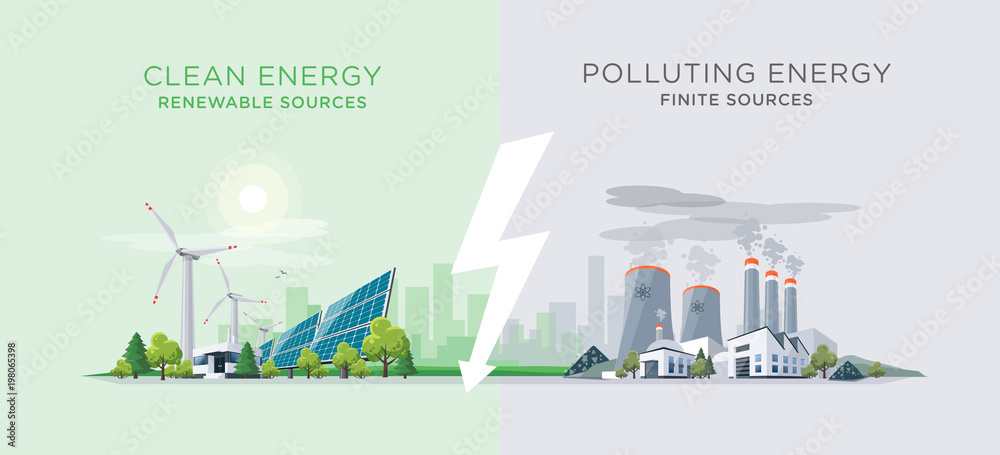 Vector illustration showing clean and polluting electricity generation ...