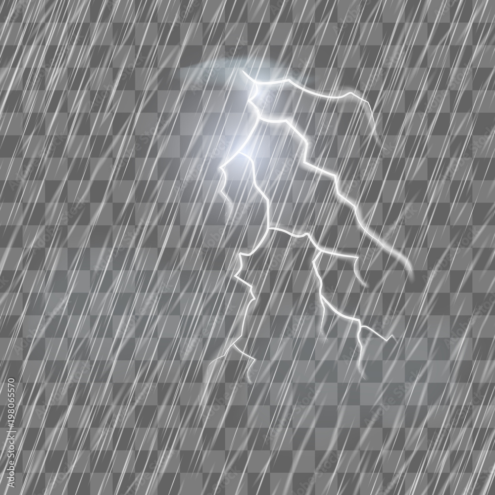 Lightning flash and raindrops on the transparent effect background ...