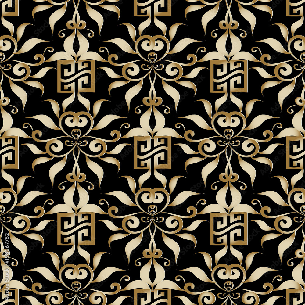 Gold greek key seamless pattern. Vector floral black background with ...