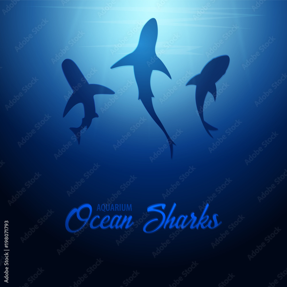 Underwater background with sun rays and silhouette of Shark. Deep Ocean ...