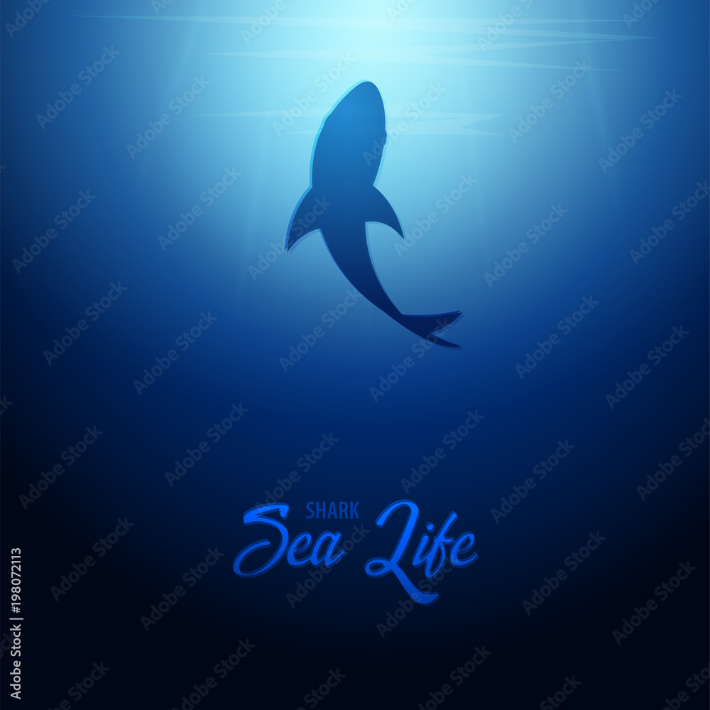 Underwater background with sun rays and silhouette of Shark. Deep Ocean ...