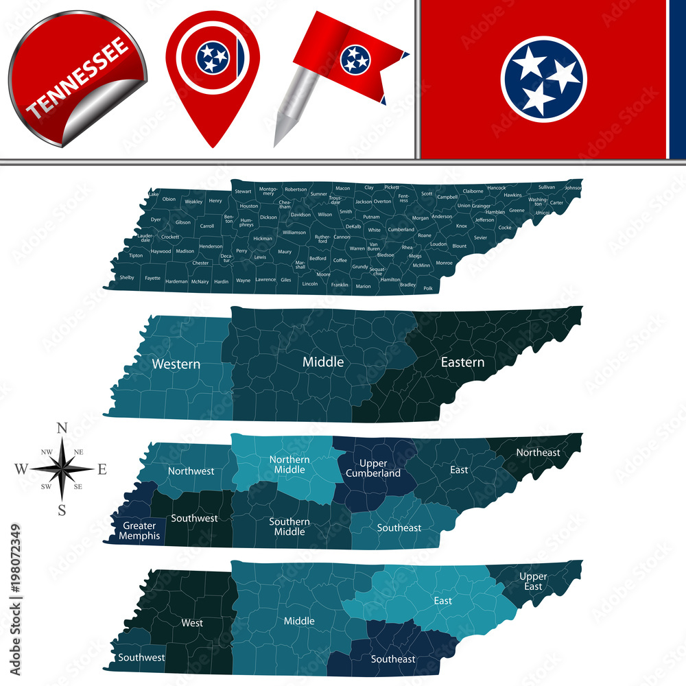 Map of Tennessee with Regions Stock Vector | Adobe Stock