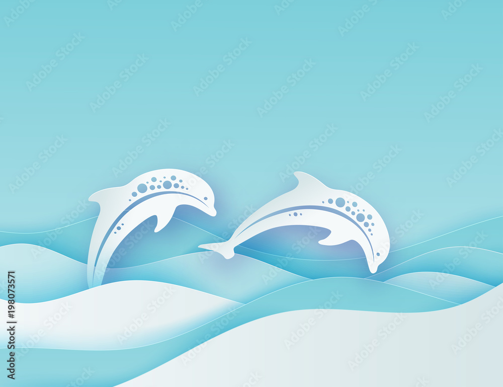 Paper sea waves and couple of dolphins. Paper cut deep style vector ...