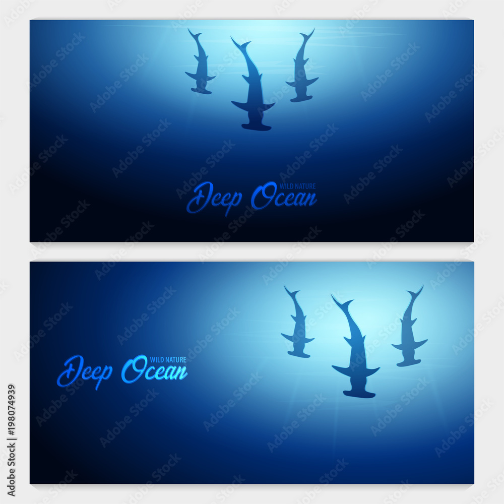 Underwater background with sun rays and silhouette of fish hammer. Deep ...