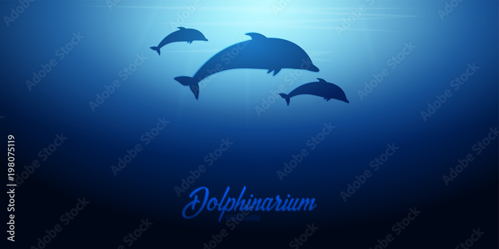 Underwater background with sun rays and silhouette of dolphin. Deep ...