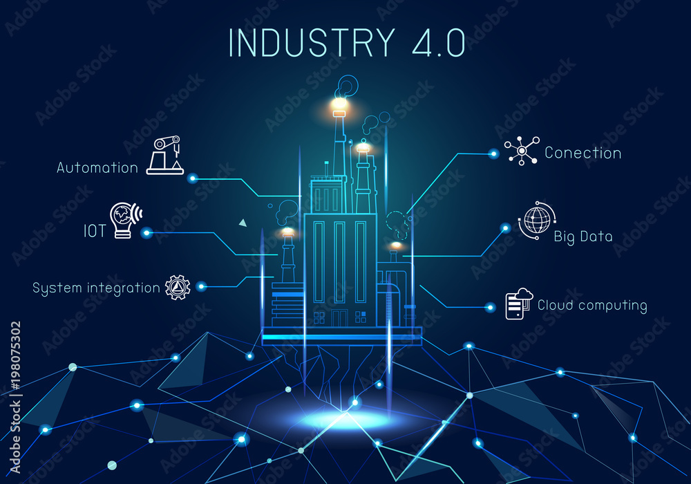 Industry 4.0 with hologram Banner concept with Keywords and icons ...