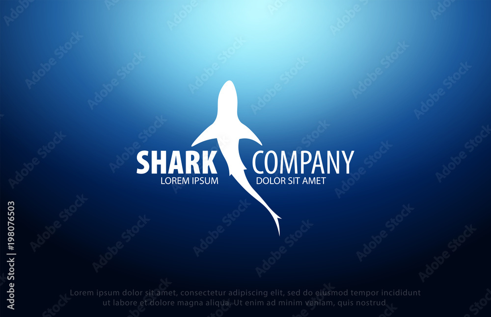 Shark logo with Underwater background with sun rays. Deep Ocean. Color ...