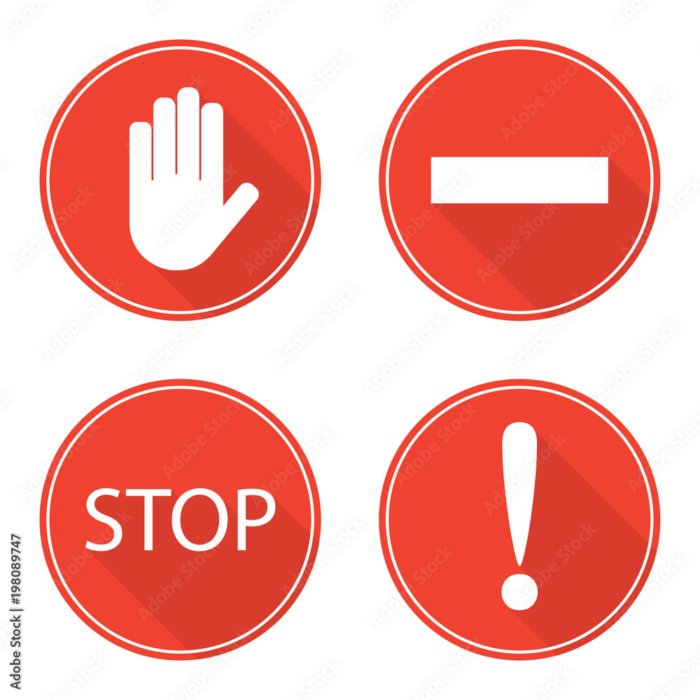 Red stop signs. Hand, rectangle, word stop and exclamation mark. Stop ... Red stop signs. Hand, rectangle, word stop and exclamation mark. Stop ...