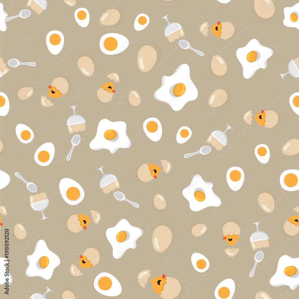 Fried egg, soft boiled egg and chicken hatching in egg shell pattern ...