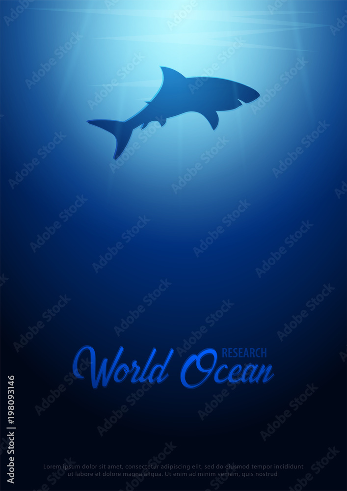 Underwater background with sun rays and silhouette of Shark. Deep Ocean ...