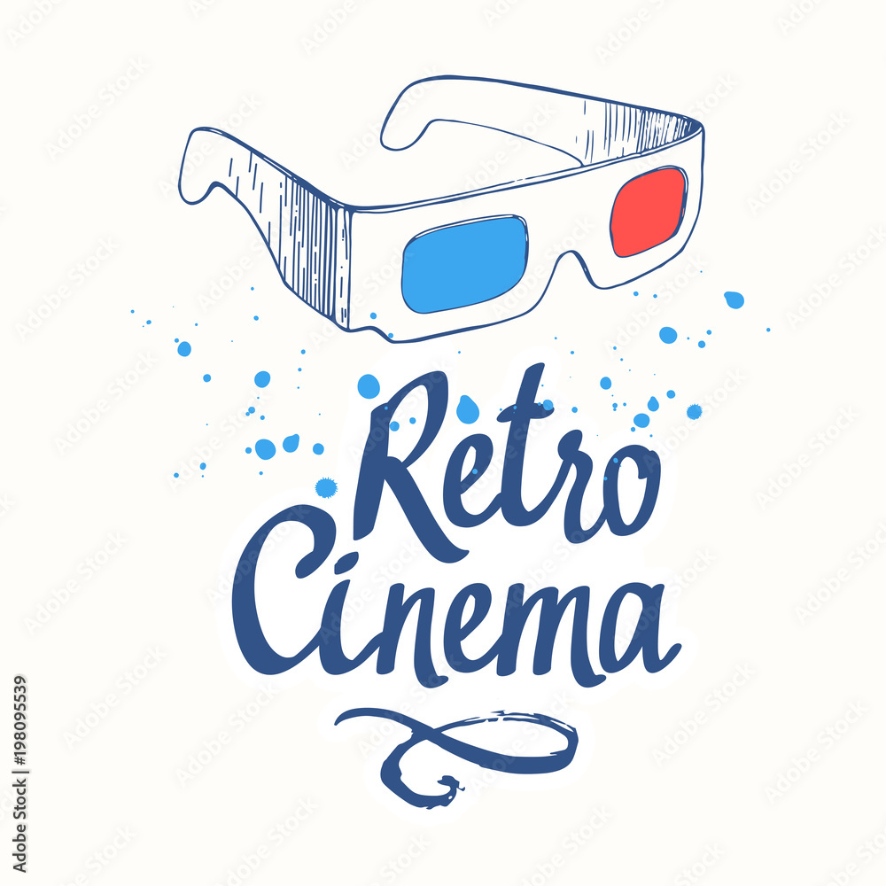 Retro cinema. Movie time vector illustration with sketch 3D glasses and ...