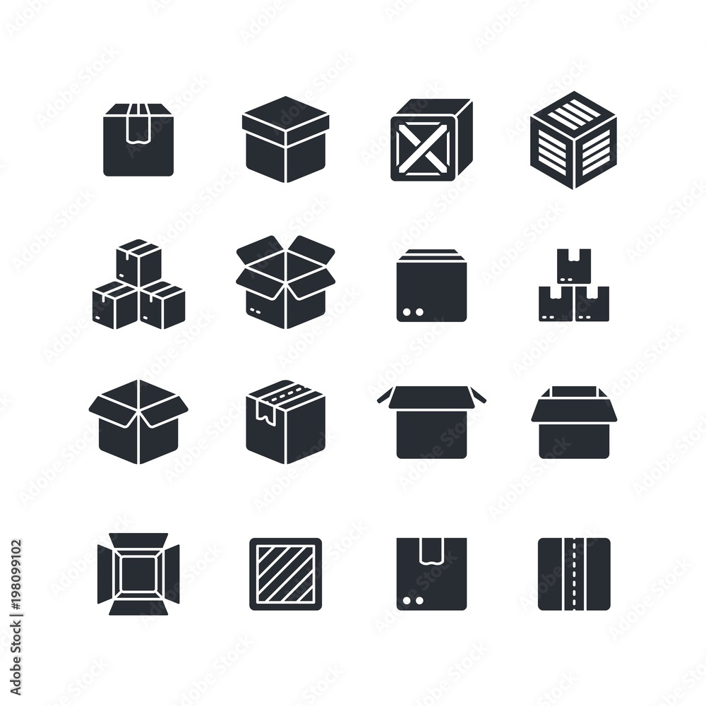 Open and closed box black silhouette icons isolated. Package vector ...