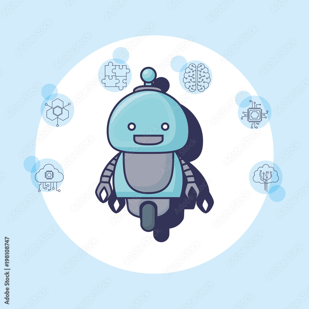 Artificial intelligence design with cartoon robot and related icons ...