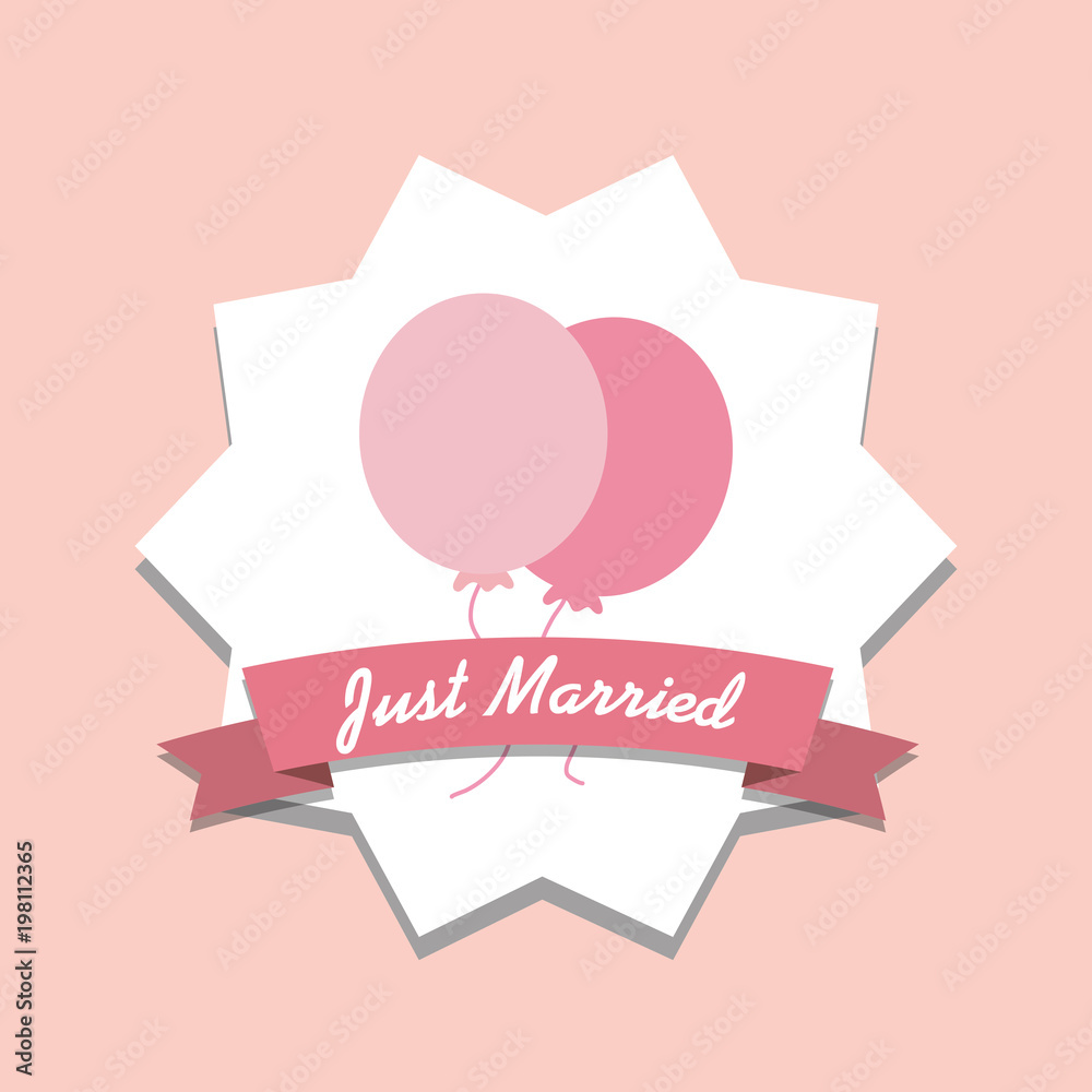 Just married design with balloons and decorative frame and ribbon over ...