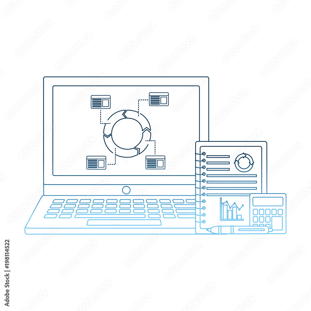 laptop with cycle diagram statistic business chart papers vector ...