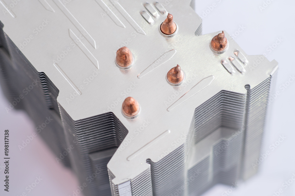 Aluminum radiator with copper heat pipe close-up with beautiful bokeh ...